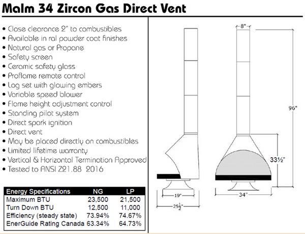 Malm Zircon Direct Vent Gas Fireplace MCM Mid Century Modern Cone Fire ...